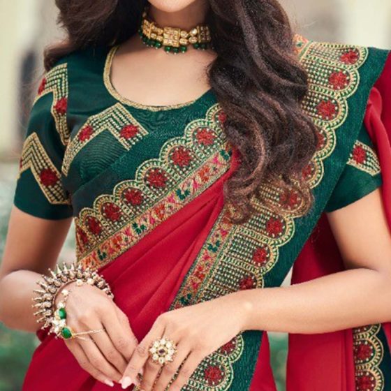 Green and Red Saree Jacket Design - Online Saree Jacket